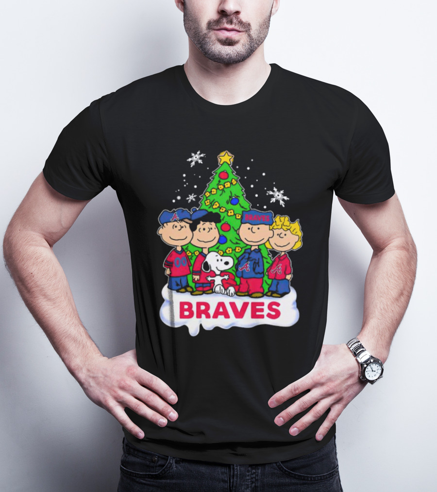 Peanuts Characters Atlanta Braves Christmas Tree Snowflakes T-Shirt