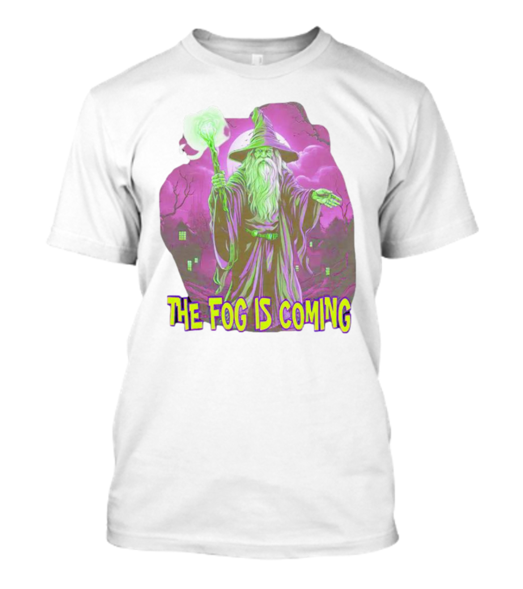 The Fog Is Coming Wizard With Green Staff And Purple Background T-Shirt