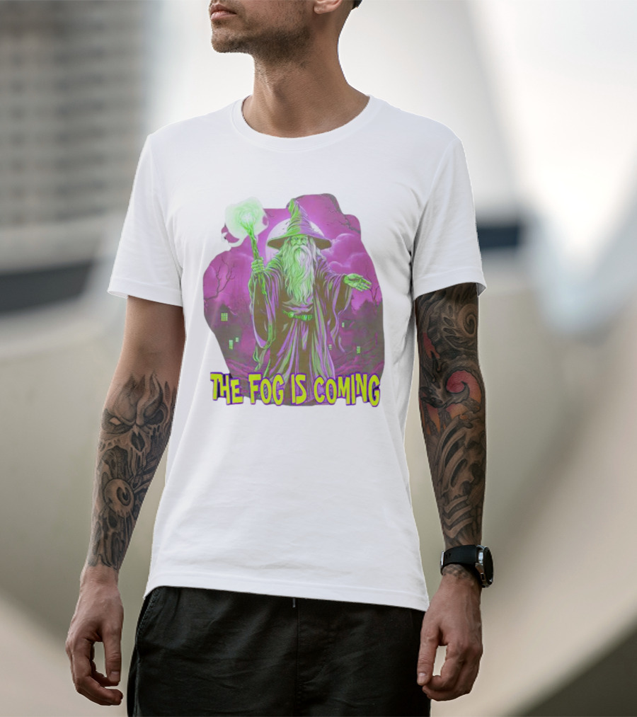 The Fog Is Coming Wizard With Green Staff And Purple Background T-Shirt