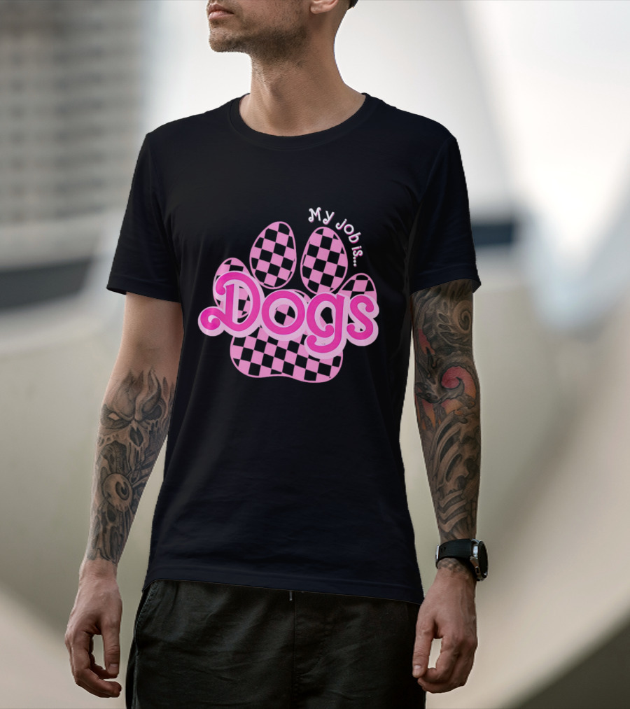 Barbie My Job Is Dogs Pink Checkered Paw Prints T-Shirt