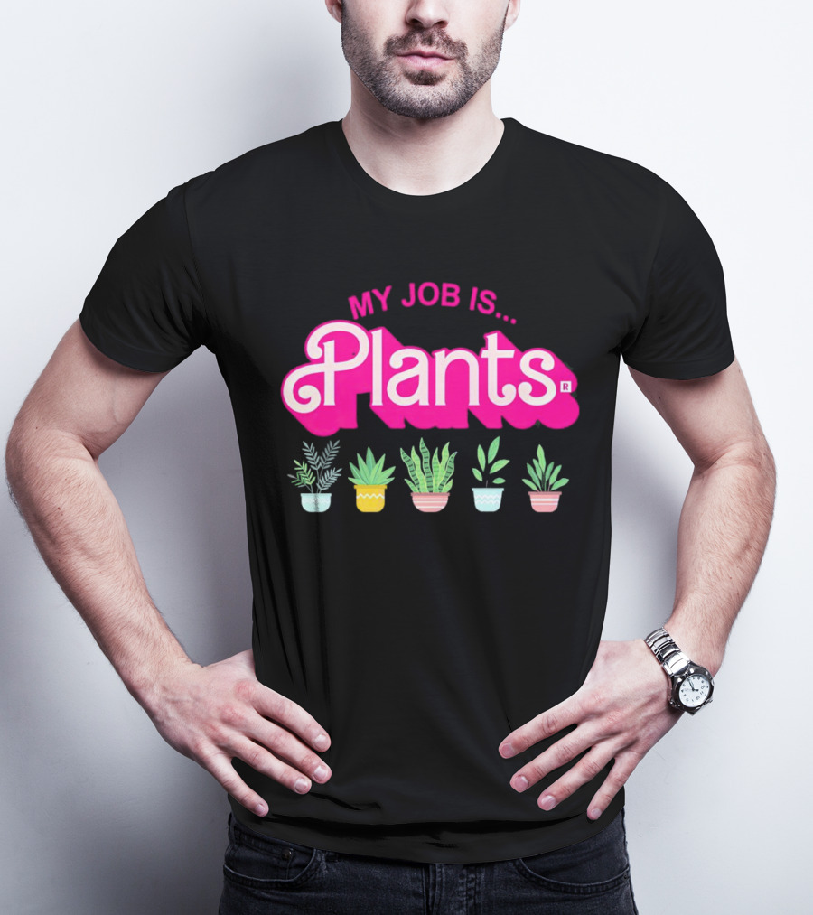 Barbie Plants My Job Is Plants Pink Logo With Potted Greenery T-Shirt