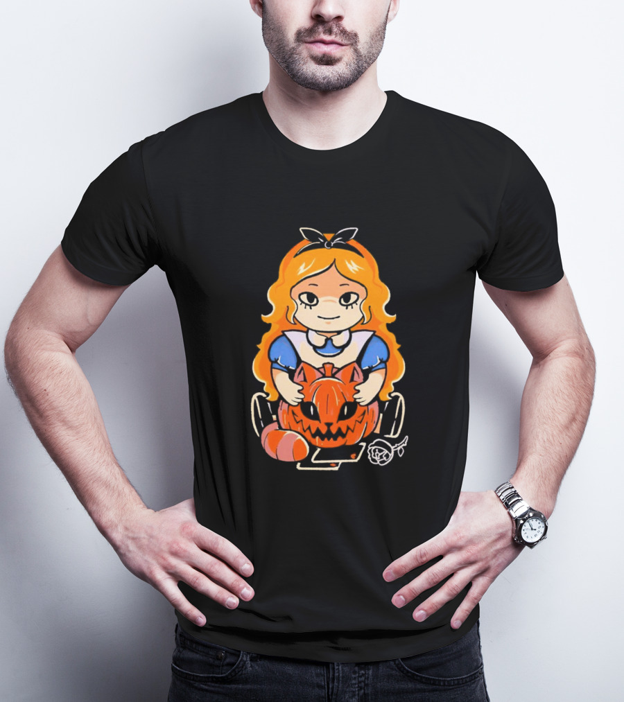 Chibi Alice Wonderland Halloween With Pumpkin And Rose T-Shirt