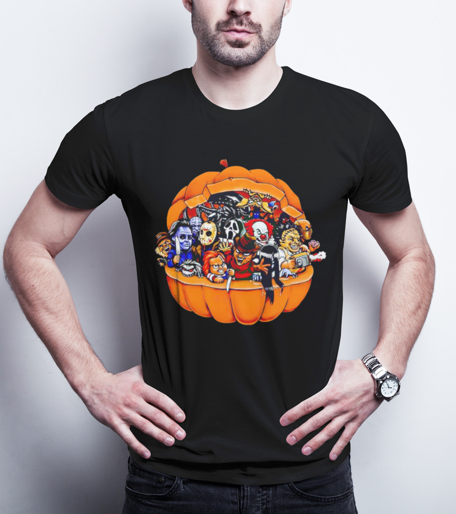 Horror Movie Characters Inside Pumpkin Halloween Icons T-Shirt