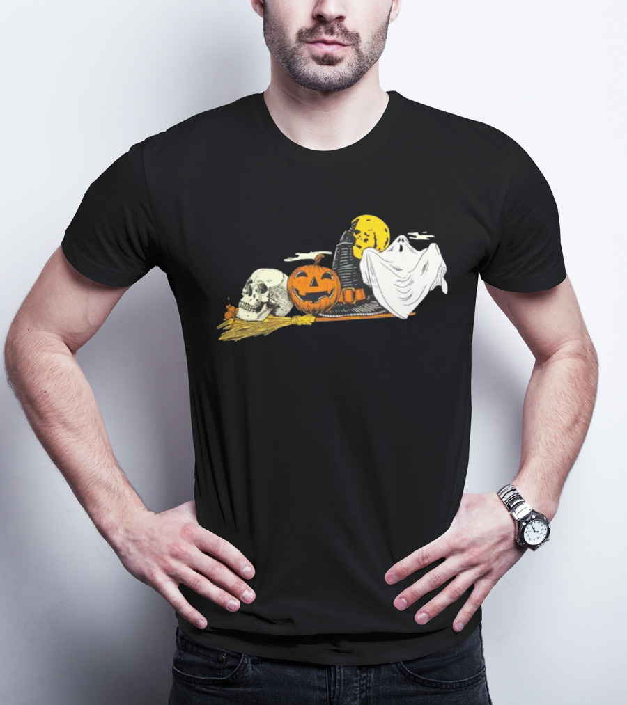 SpooKY Halloween Vintage Skull Pumpkin Ghost Witch Hat Moon Scene T-Shirt
