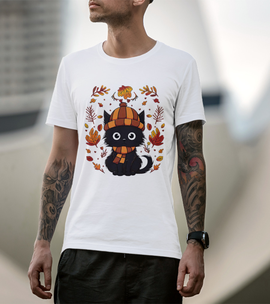 Black Cat Autumn Leaves Cozy Fall T-Shirt