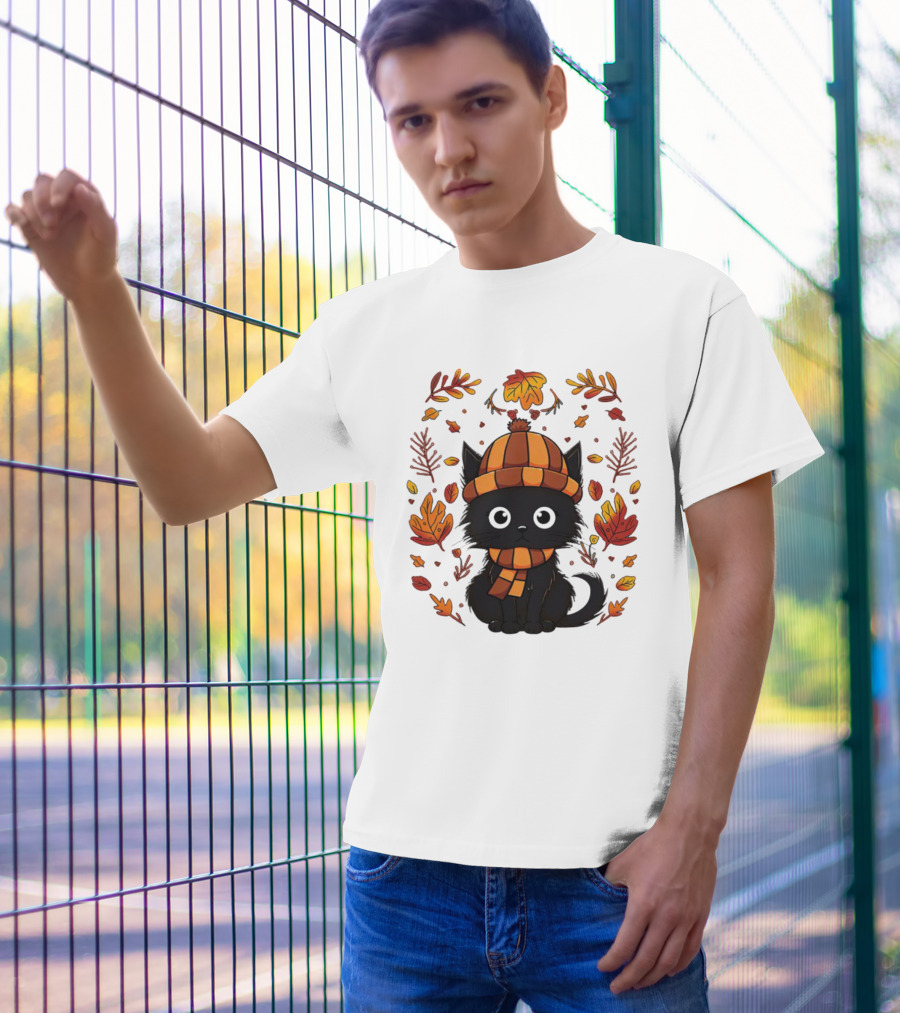 Black Cat Autumn Leaves Cozy Fall T-Shirt
