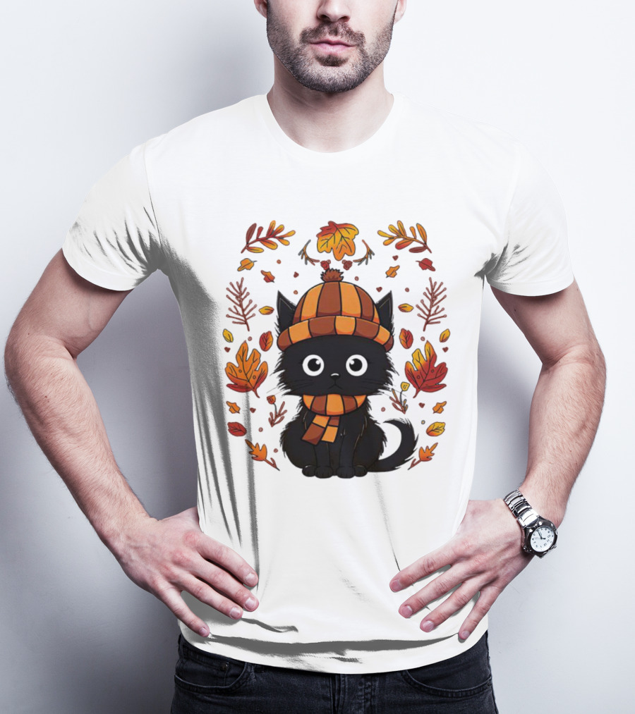 Black Cat Autumn Leaves Cozy Fall T-Shirt