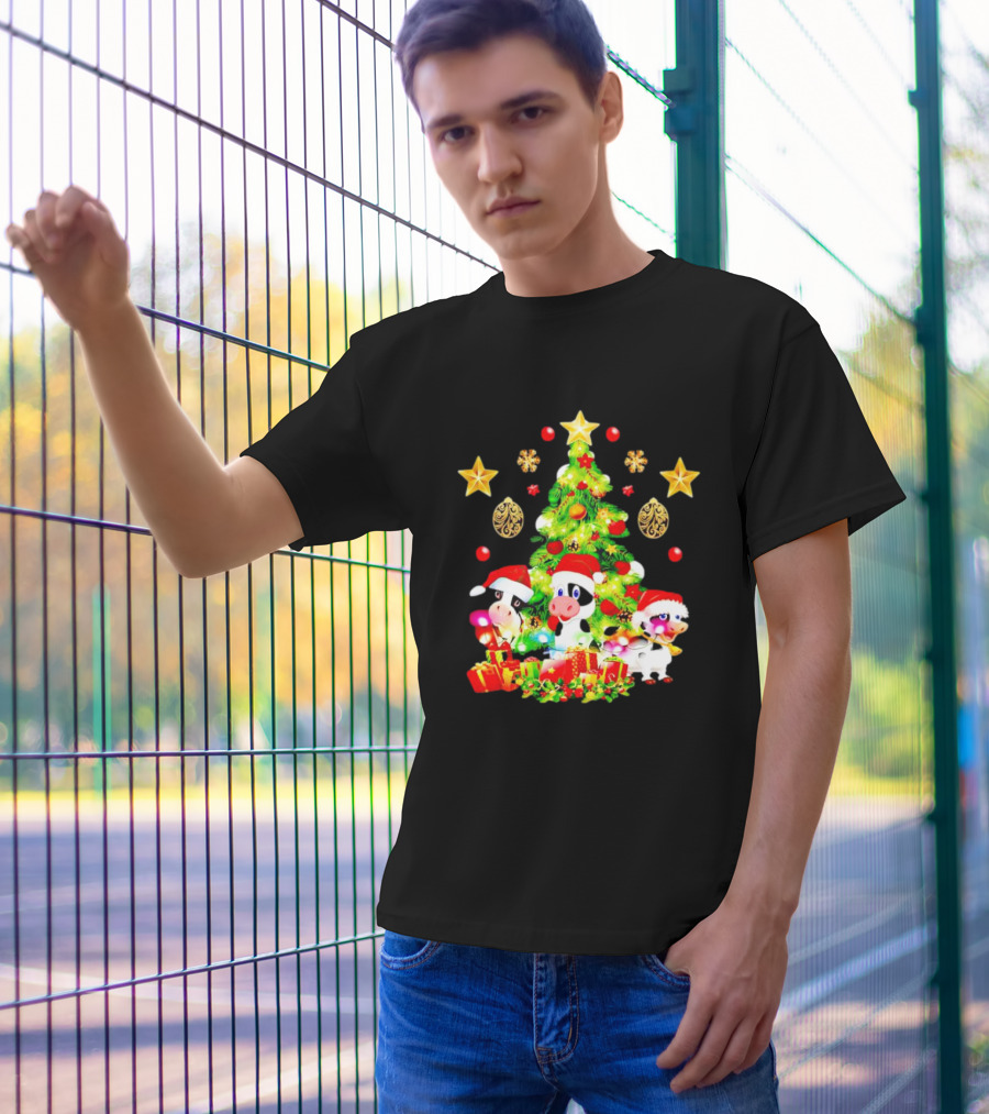 Dairy Cow With Christmas Tree Festive Santa Hats And Presents T-Shirt