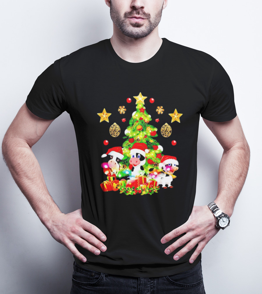 Dairy Cow With Christmas Tree Festive Santa Hats And Presents T-Shirt