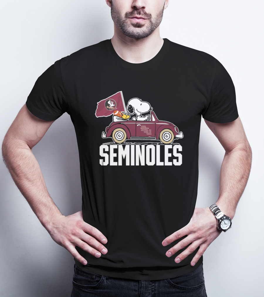 Snoopy And Woodstock In Seminoles Car Florida State Flag Peanuts T-Shirt
