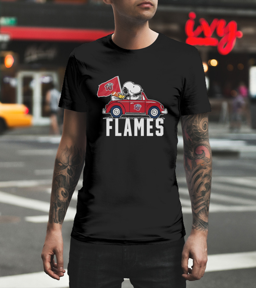 Snoopy And Woodstock Driving Liberty University Flames Car T-Shirt