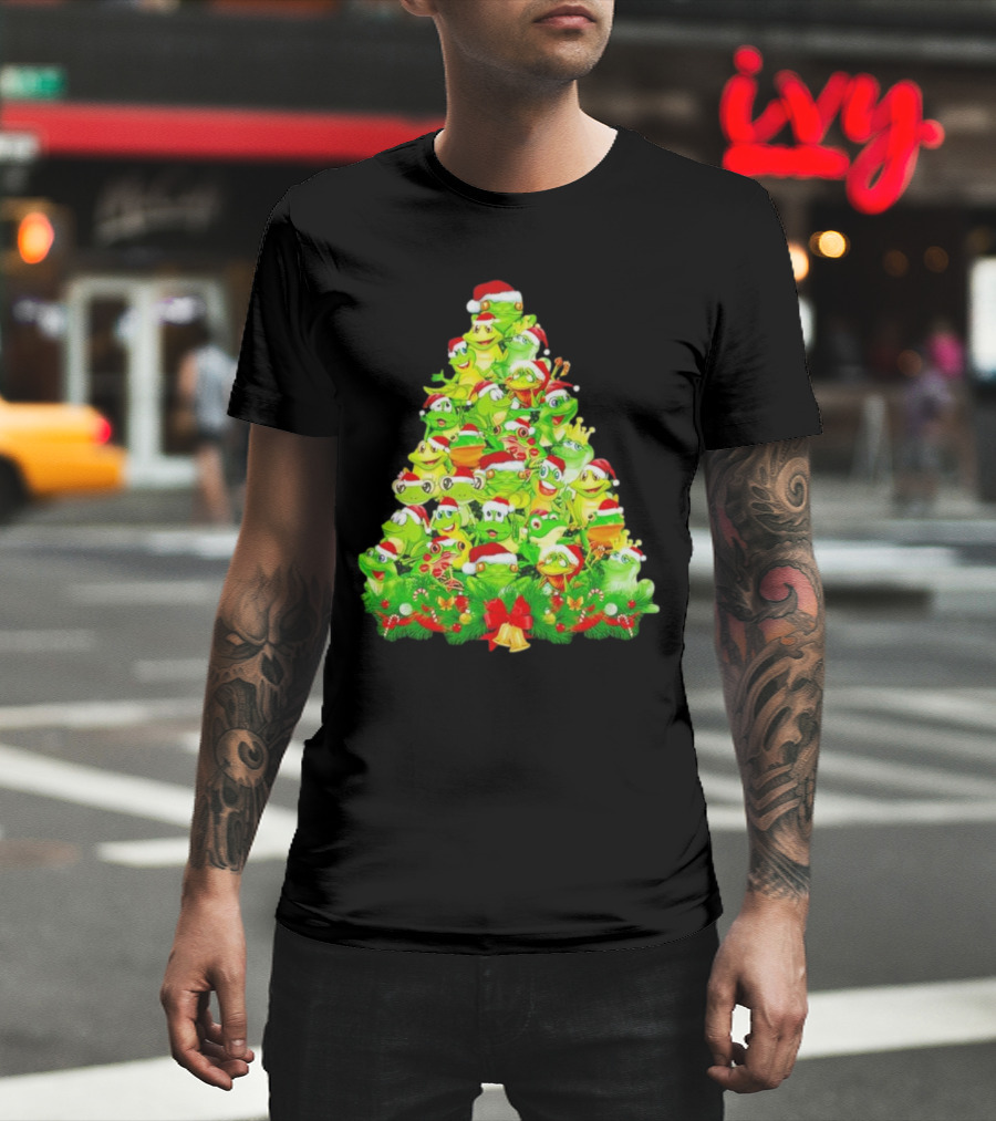 Frogs With Santa Hats Christmas Tree Holiday T-Shirt