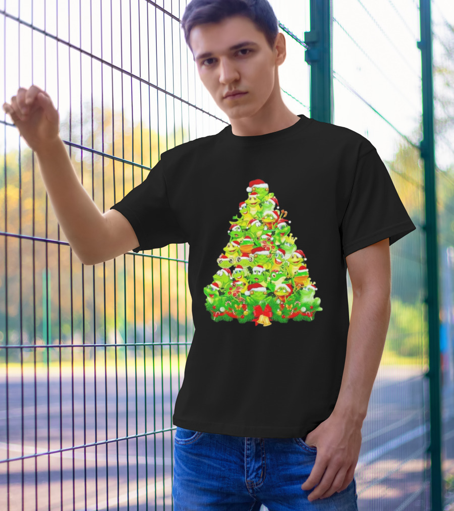 Frogs With Santa Hats Christmas Tree Holiday T-Shirt