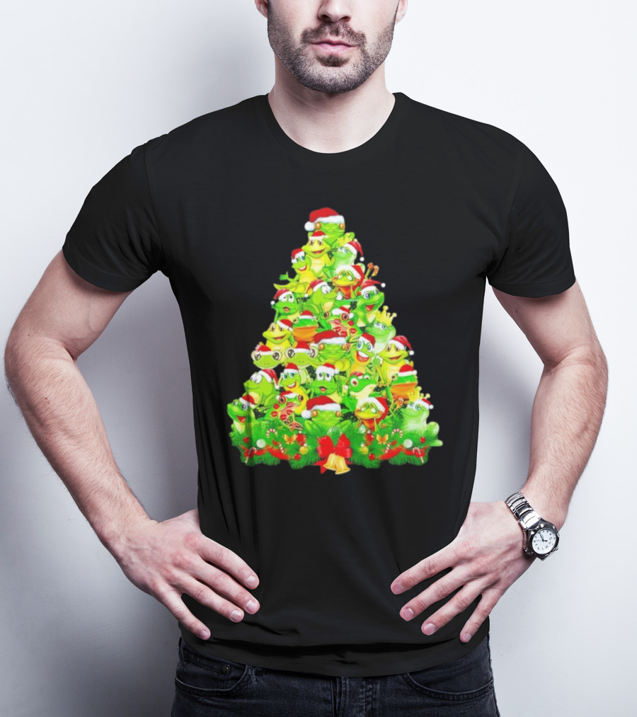Frogs With Santa Hats Christmas Tree Holiday T-Shirt