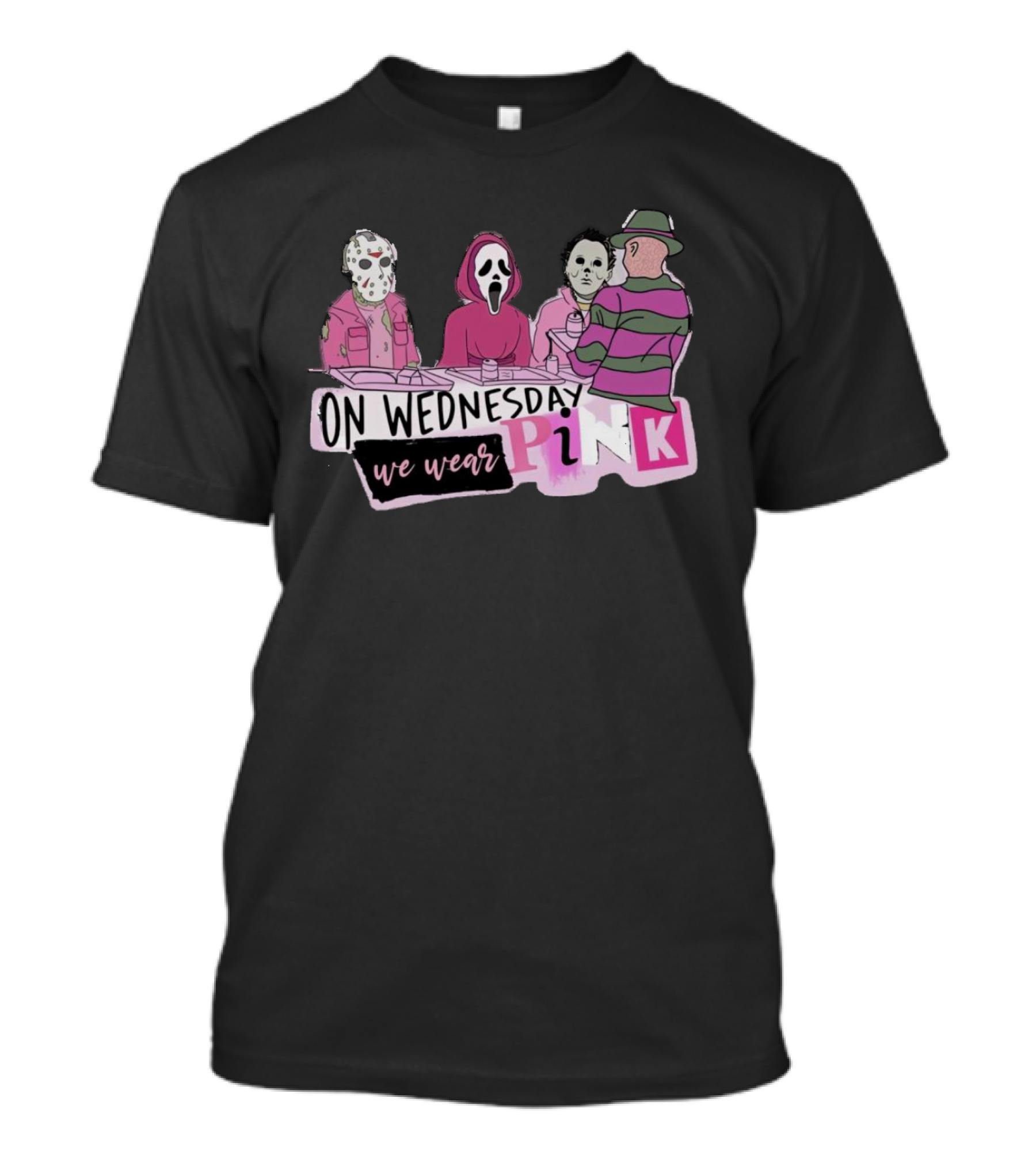 On Wednesday We Wear Pink Horror Movie Characters T-Shirt