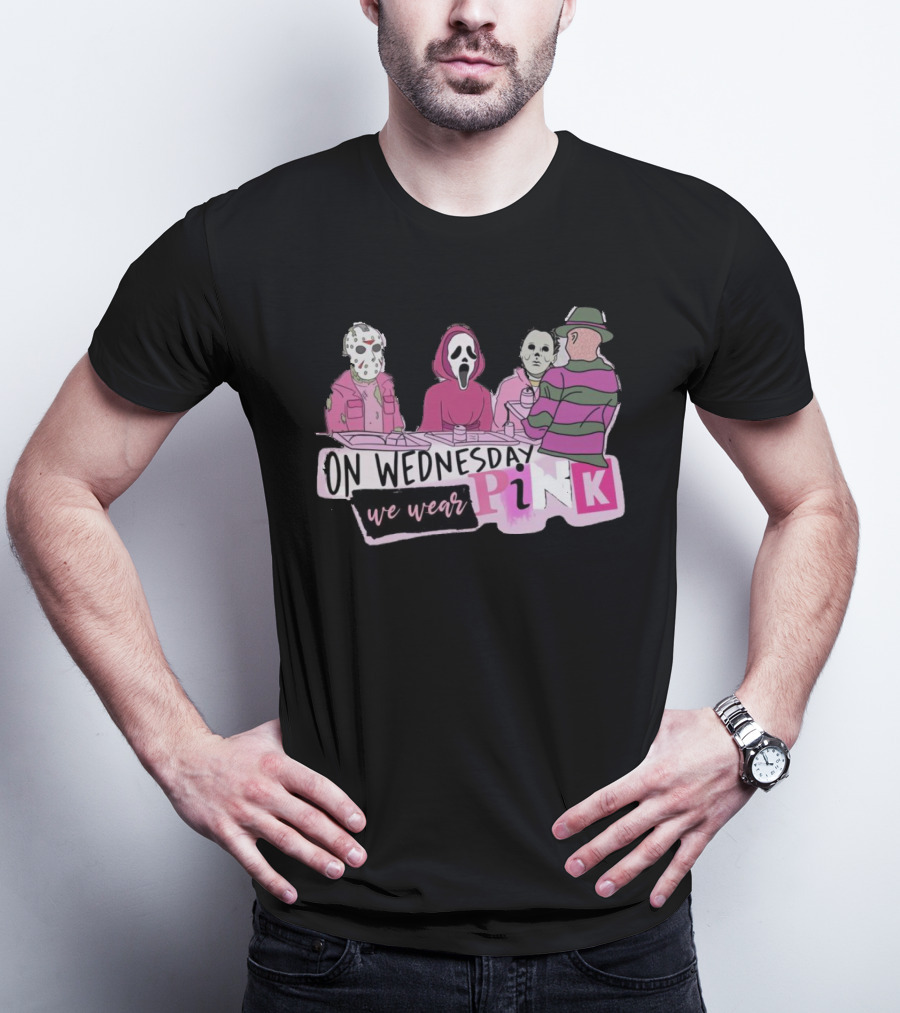 On Wednesday We Wear Pink Horror Movie Characters T-Shirt