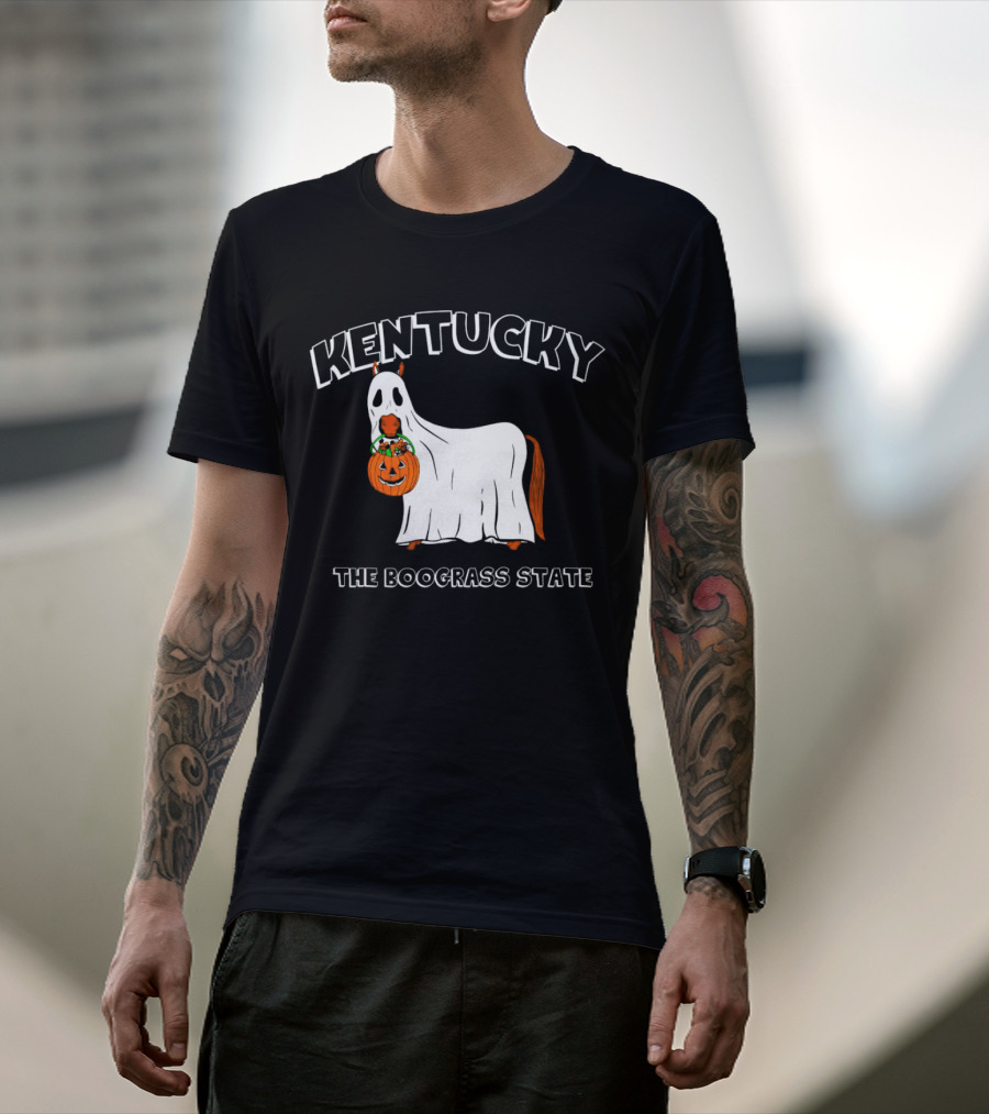 Kentucky Halloween Ghost Horse With Pumpkin Boograss State T-Shirt