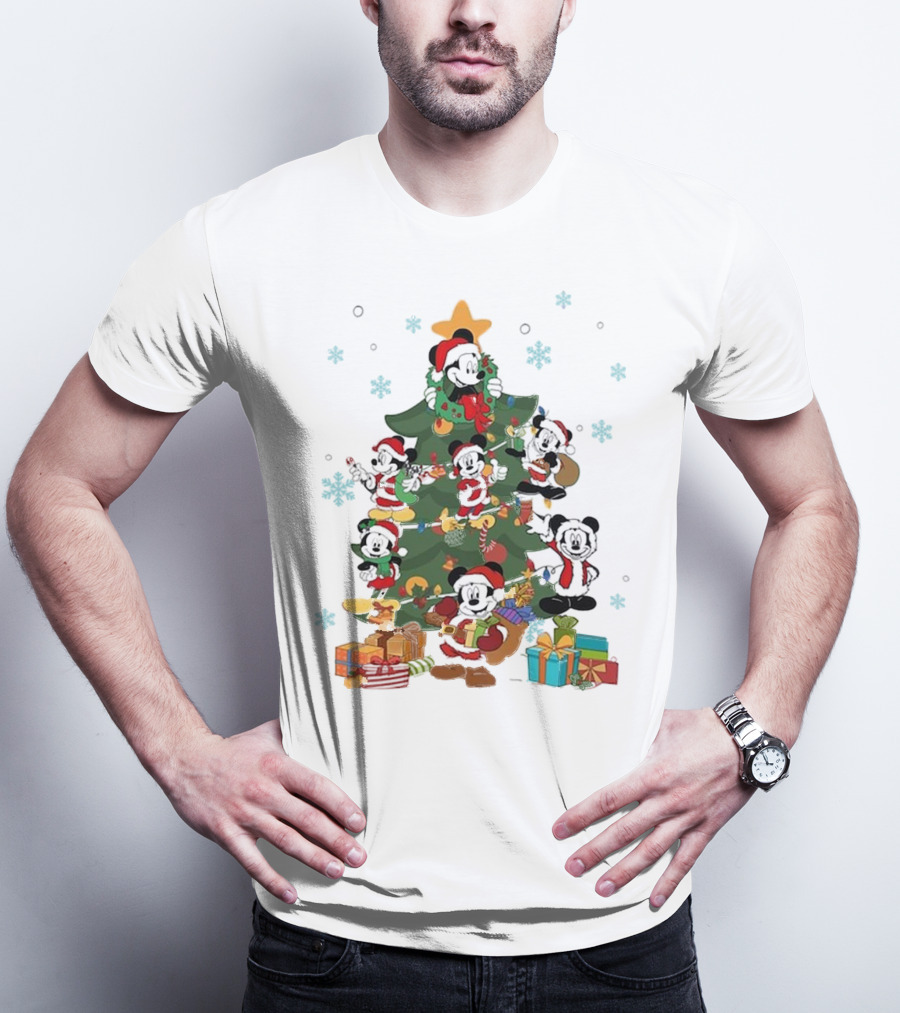 Christmas Tree Mickey Mouse Holiday Characters With Gifts And Snowflakes T-Shirt