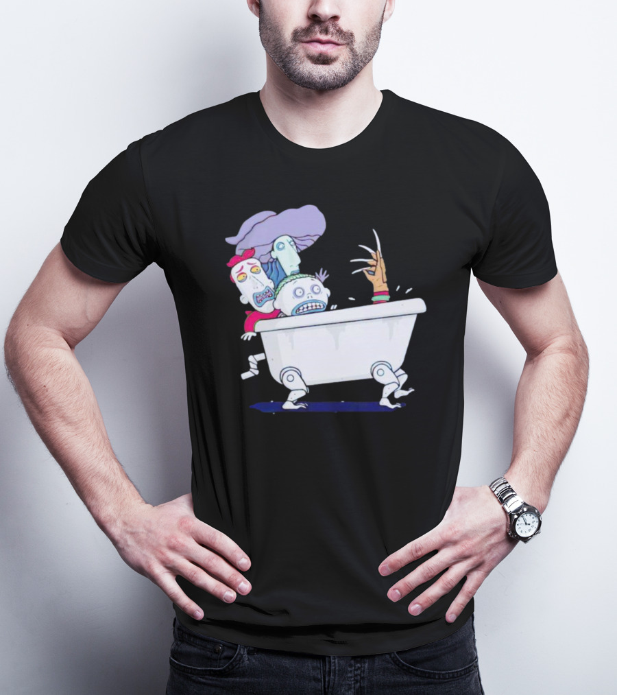 Halloween Scary Bathtub Cartoon Skeletons And Claw Hand T-Shirt