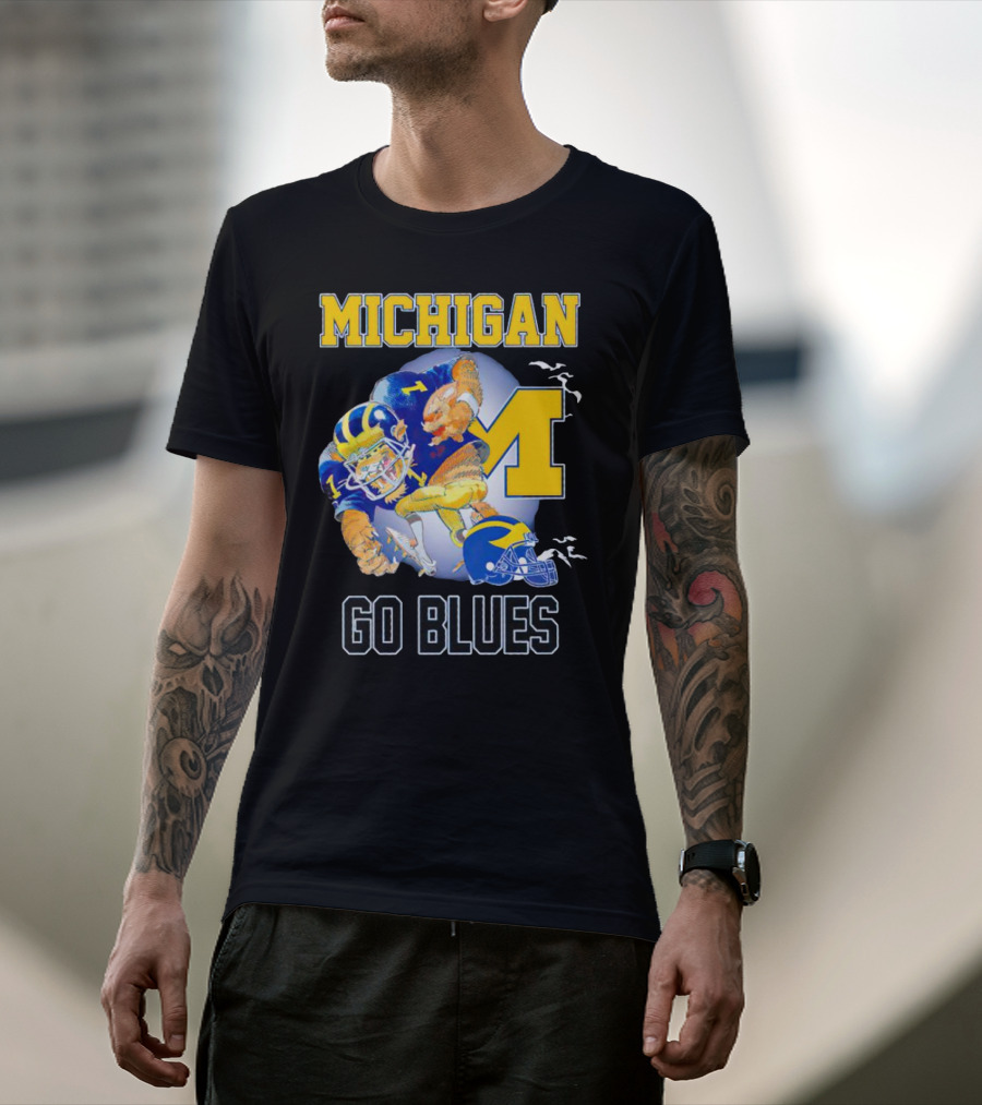 Michigan Wolverines Go Blues Football Player And Helmet T-Shirt