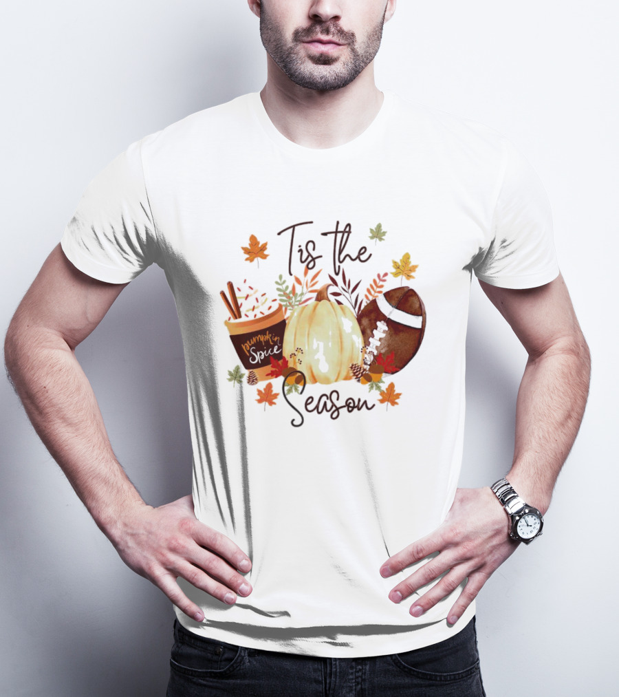 Tis The Season Pumpkin Spice Fall Leaves Football T-Shirt