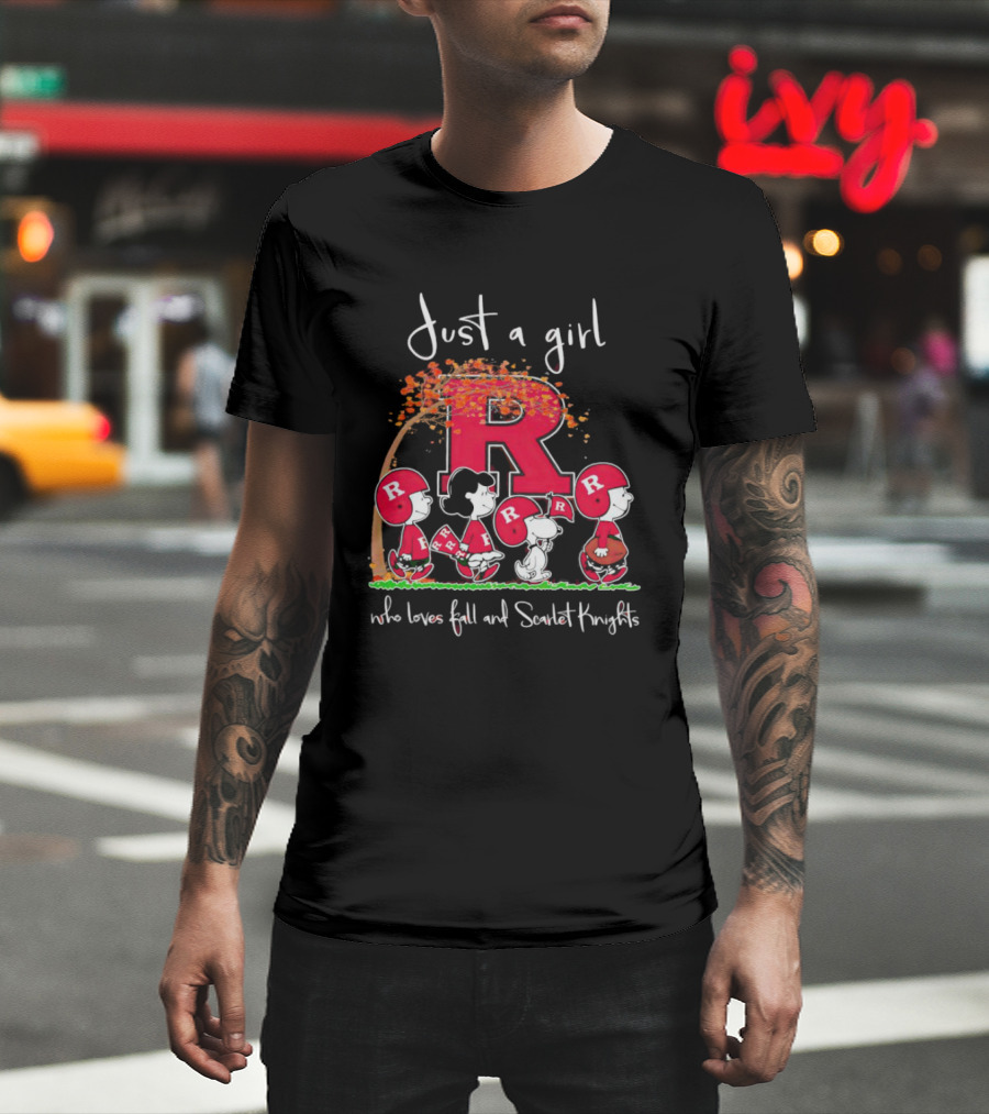 Just A Girl Who Loves Fall And Scarlet Knights Rutgers Peanuts Characters T-Shirt