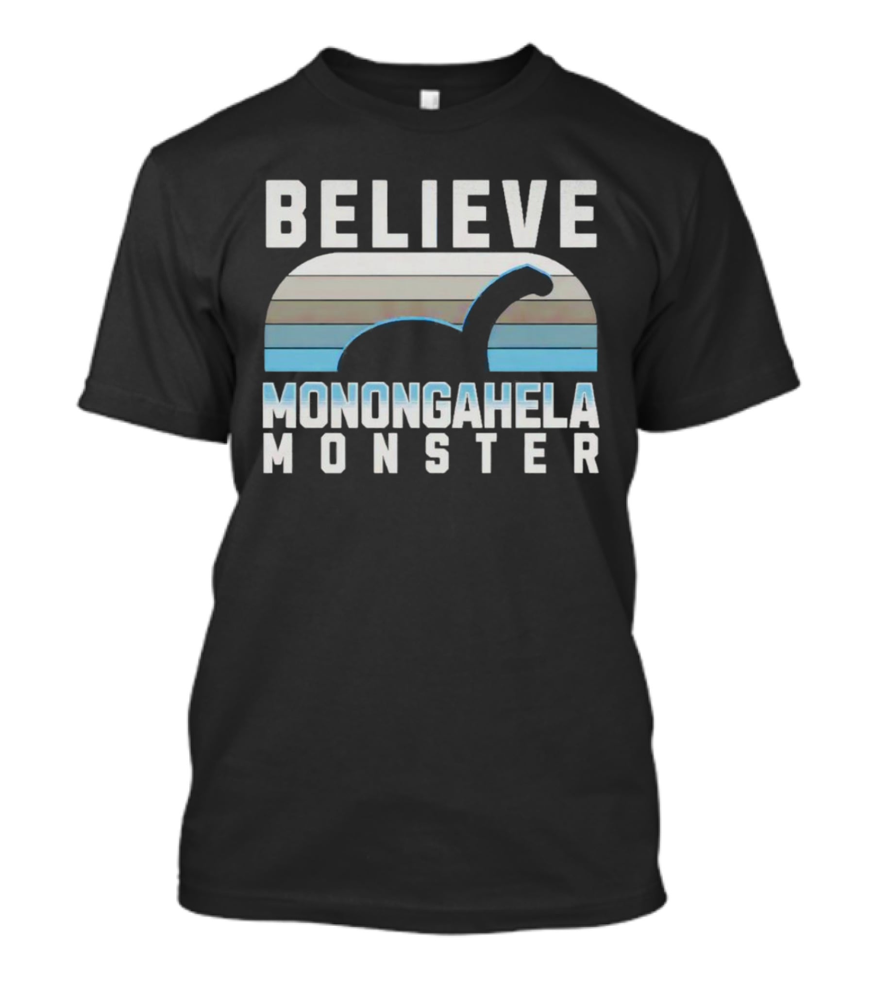 Believe Monongahela Monster Dinosaur Silhouette Striped T-Shirt
