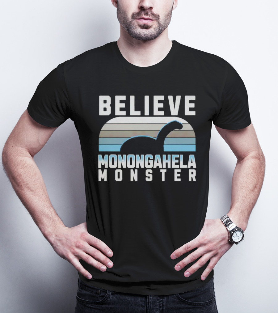 Believe Monongahela Monster Dinosaur Silhouette Striped T-Shirt