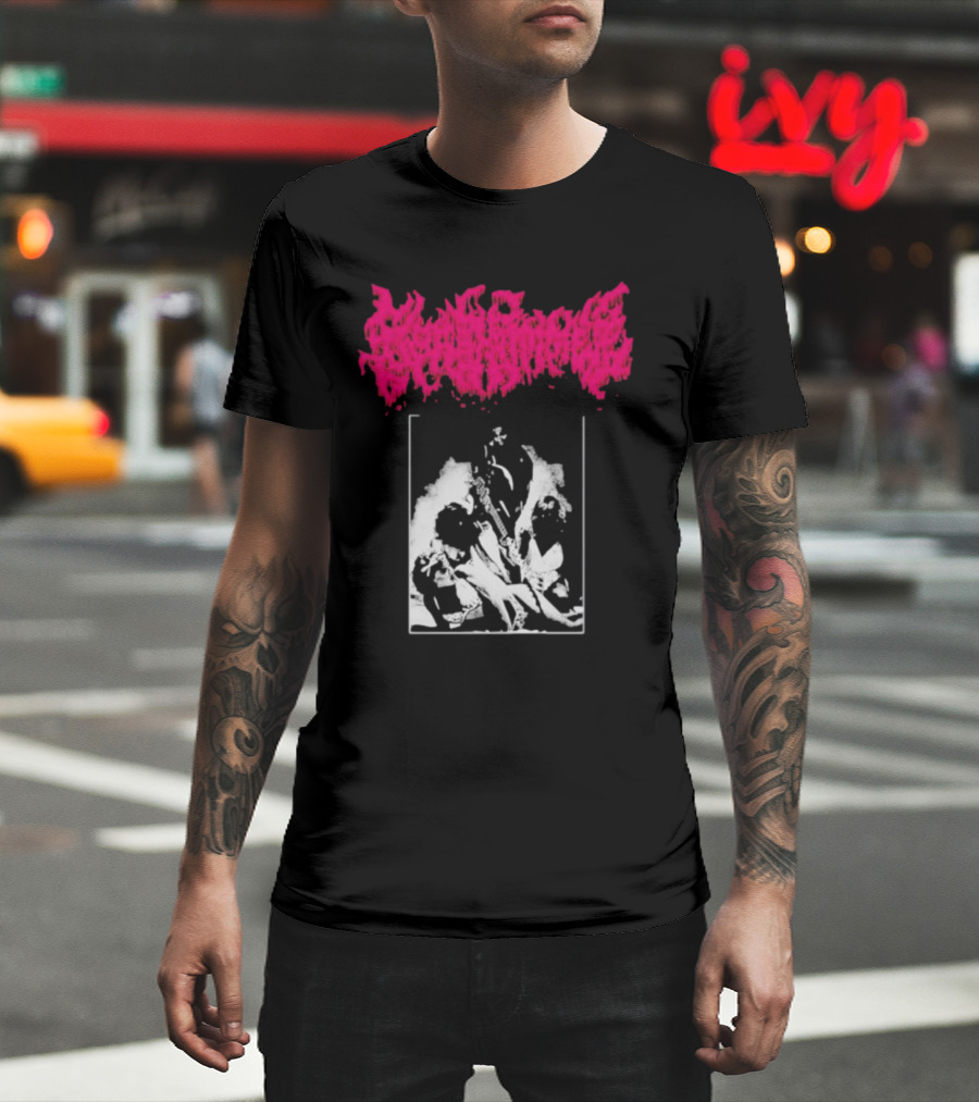 Gorehammer Graphic In Pink Gothic Font With Monochrome Horror Scene T-Shirt
