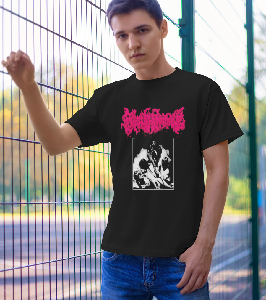 Gorehammer Graphic In Pink Gothic Font With Monochrome Horror Scene T-Shirt