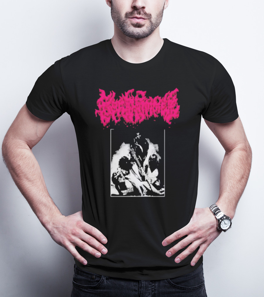 Gorehammer Graphic In Pink Gothic Font With Monochrome Horror Scene T-Shirt