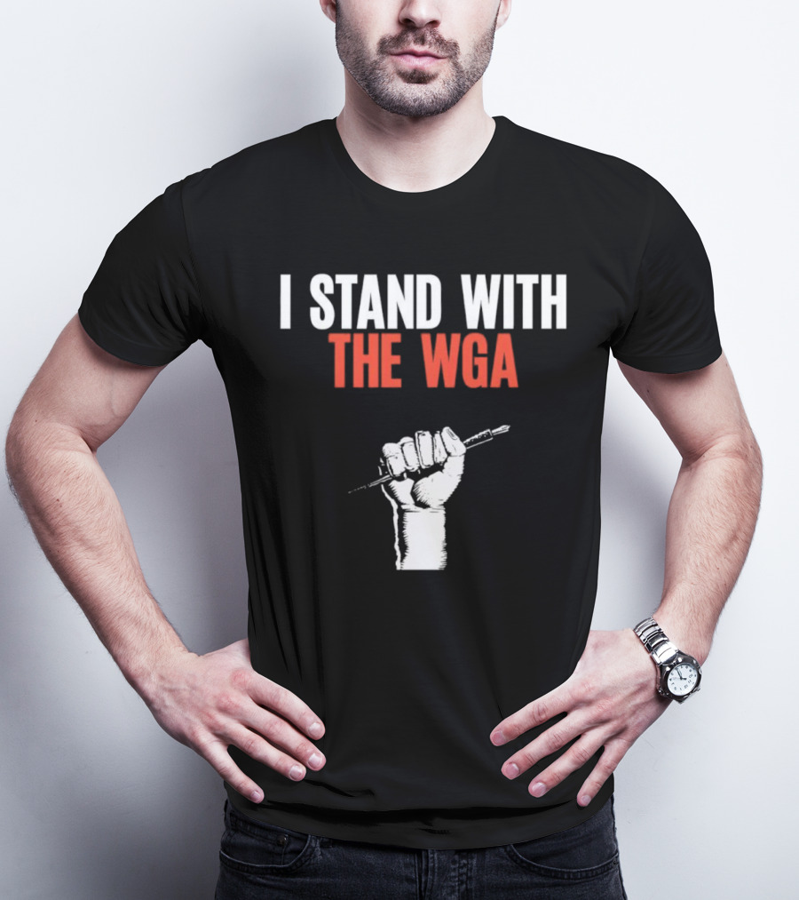 I Stand With WGA Logo Graphic Wrath Fist Artwork Tshirt Battle Writer Usa Harvard Union Caru T-Shirt