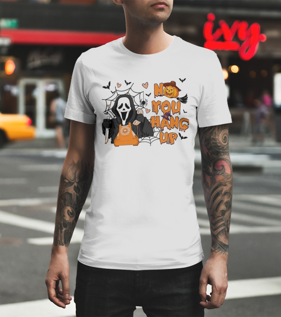 No You Hang Up Ghost With Pumpkin Phone Halloween Bats And Cobwebs T-Shirt
