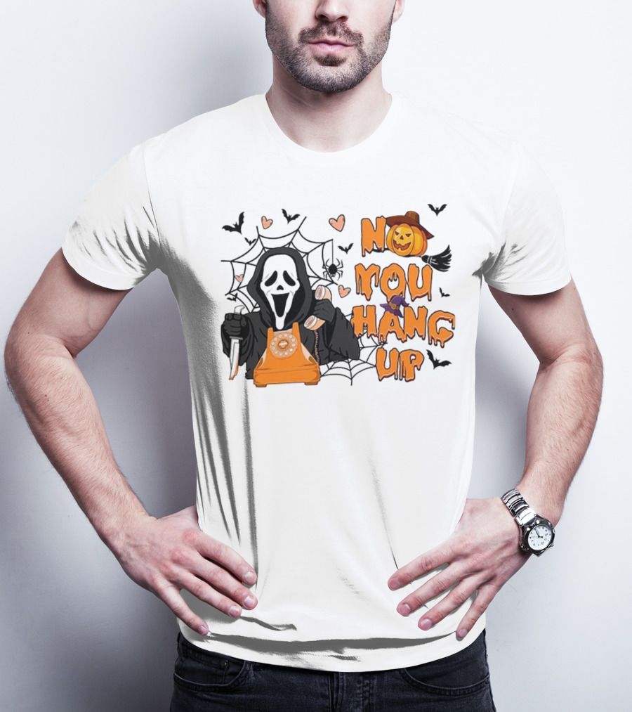 No You Hang Up Ghost With Pumpkin Phone Halloween Bats And Cobwebs T-Shirt