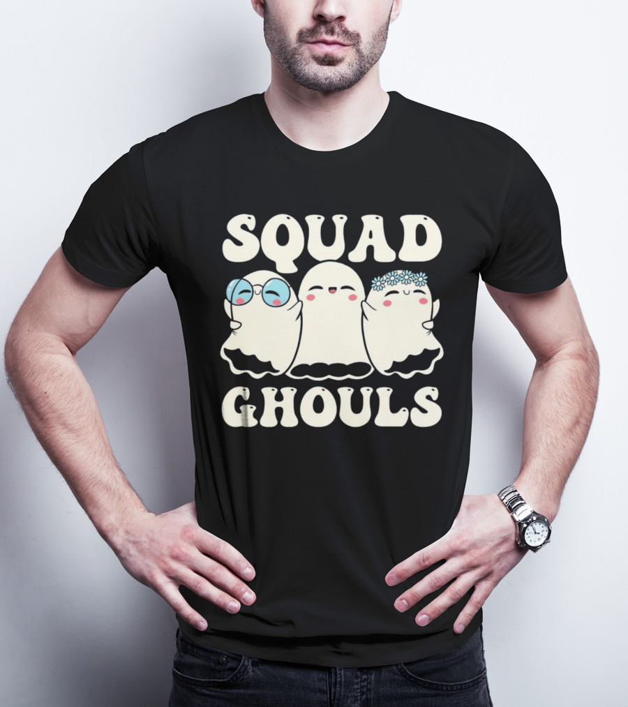 Squad Ghouls Halloween Cute Ghosts With Glasses And Flowers T-Shirt