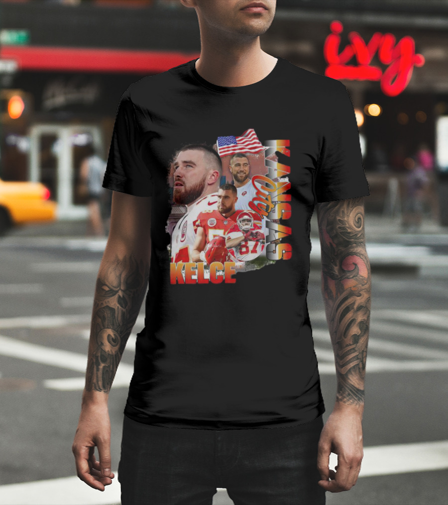 Kelce Kansas City Chiefs Collage With American Flag T-Shirt