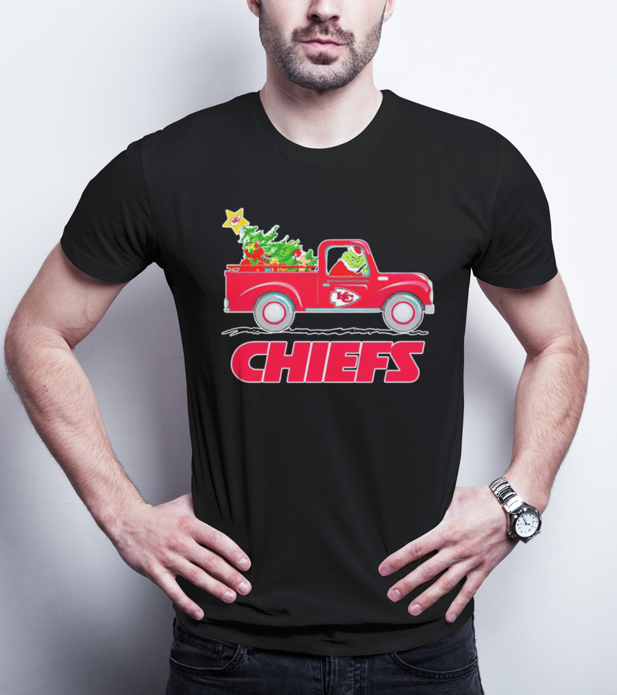Grinch Driving Kansas City Chiefs Red Truck With Christmas Tree T-Shirt
