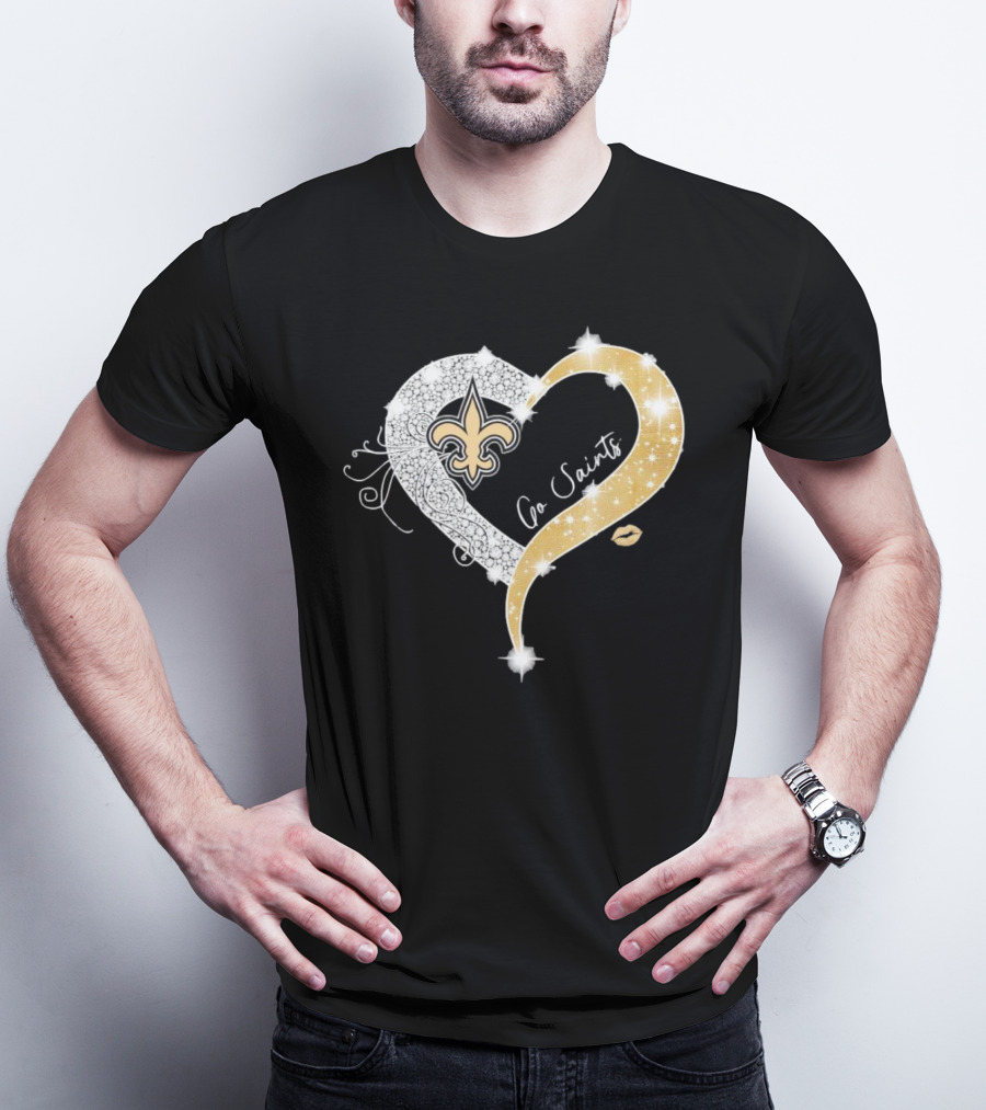 New Orleans Saints Go Saints Fleur-de-Lis Diamond Heart With Gold Sparkle T-Shirt