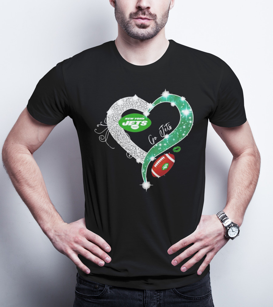 New York Jets Go Jets Diamond Heart Green Football Sparkle T-Shirt