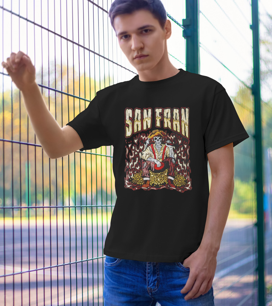 San Fran Skeleton Sitting Amidst Flames And Gold T-Shirt