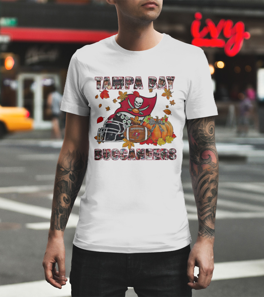 Tampa Bay Buccaneers Helmet Pumpkin Fall Football Leaves T-Shirt