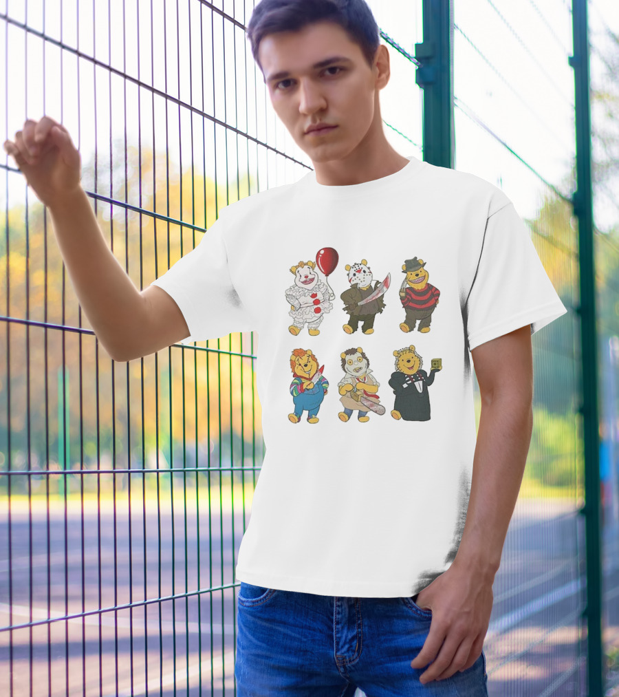 Pooh Bear Halloween Horror Characters Pennywise Jason Freddy Chucky Leatherface Pinhead T-Shirt