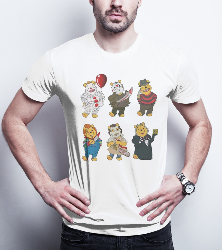 Pooh Bear Halloween Horror Characters Pennywise Jason Freddy Chucky Leatherface Pinhead T-Shirt