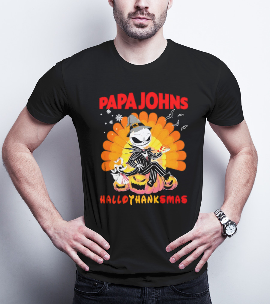 Papa Johns Jack Skellington Halloween HalloThanksMas Turkey Pizza T-Shirt