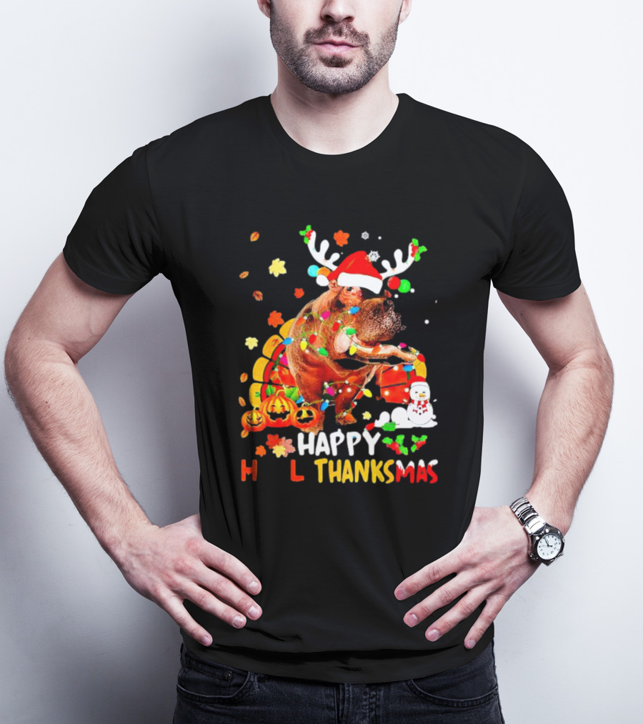 Happy Hallothanksmas Santa Hippopotamus Pumpkin Snowman T-Shirt