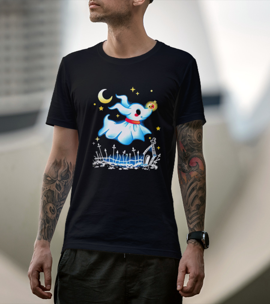 Flying Ghost Dog With Moon And Stars Halloween Scene T-Shirt