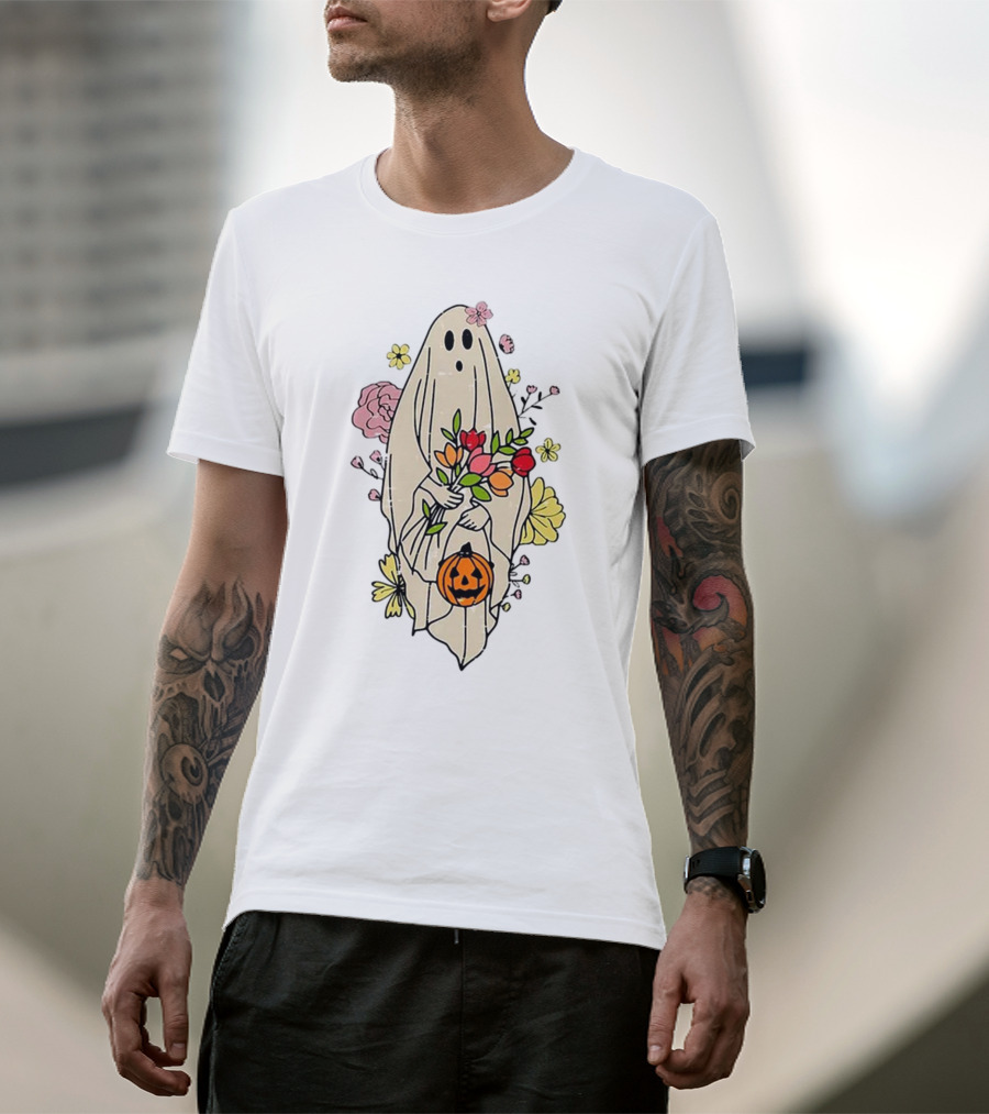 Halloween Pumpkin Costume Funny Vintage Cute Floral Ghost Bouquet T-Shirt