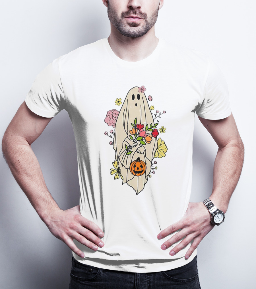 Halloween Pumpkin Costume Funny Vintage Cute Floral Ghost Bouquet T-Shirt