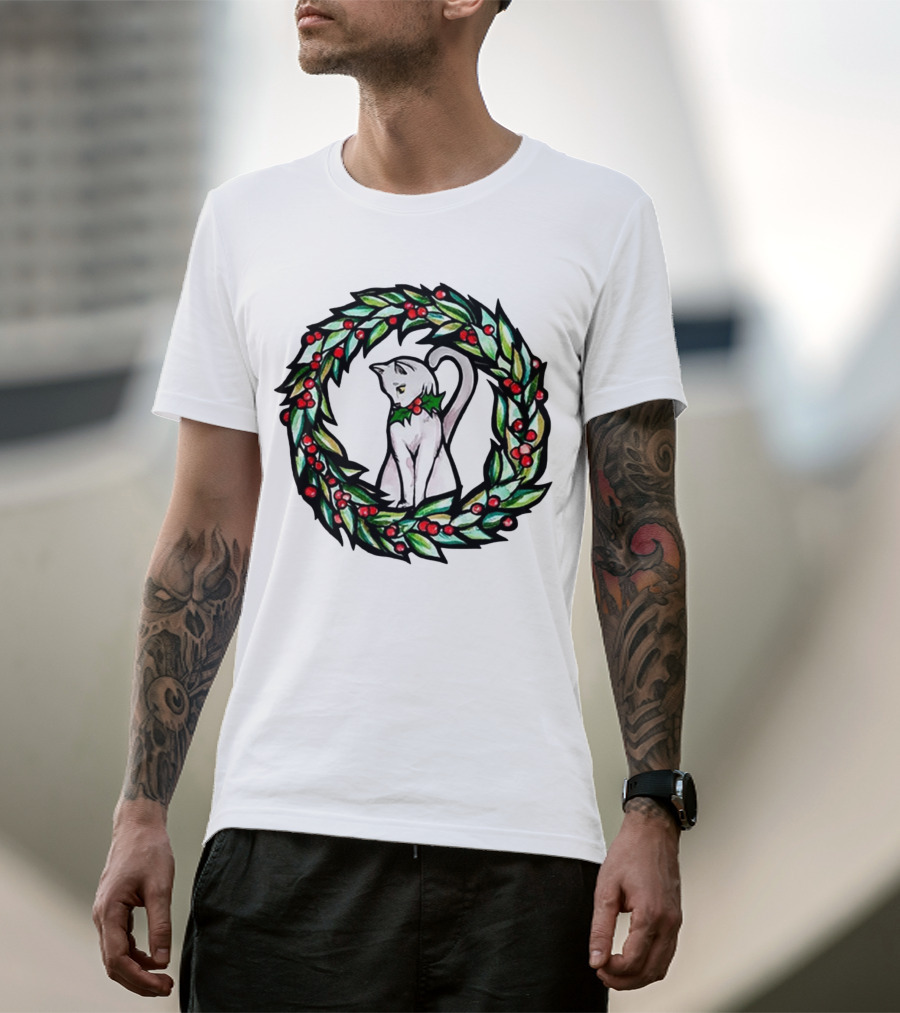 White Cat In Christmas Wreath With Holly And Berries T-Shirt