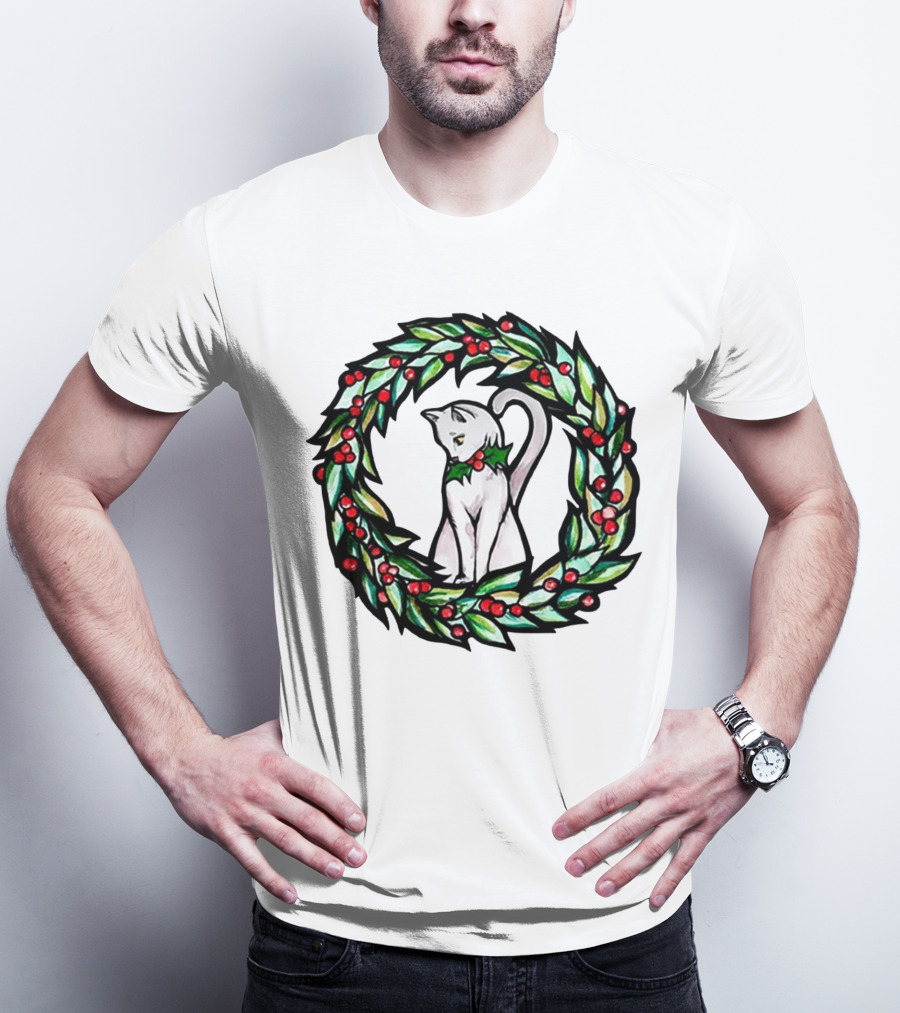 White Cat In Christmas Wreath With Holly And Berries T-Shirt